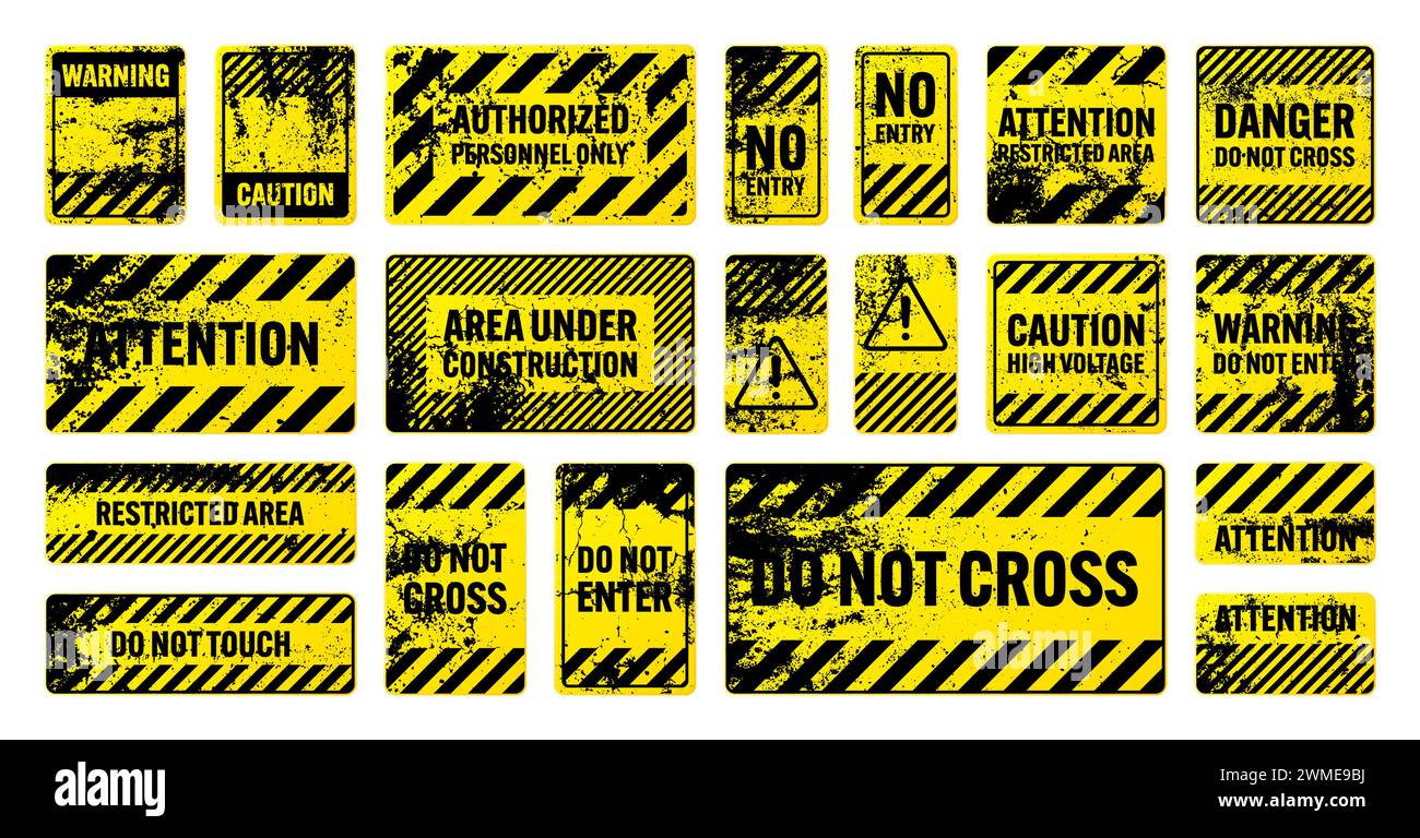 Various yellow grunge warning signs with diagonal lines. Old attention ...