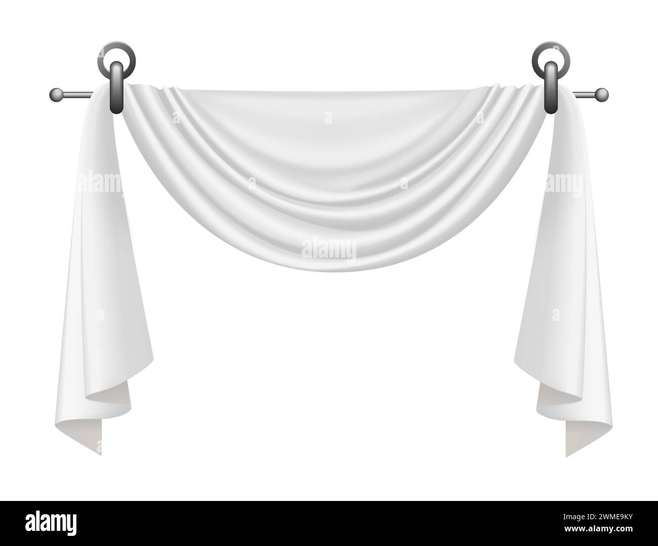White curtains for window, 3D fabric drapery hanging on rings and cornice vector illustration ...