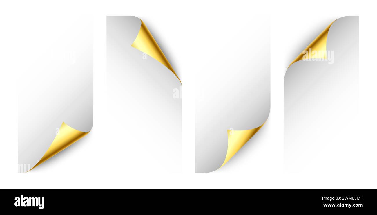 Set of golden paper curls. Curled page corner with shadow. Blank sheet ...