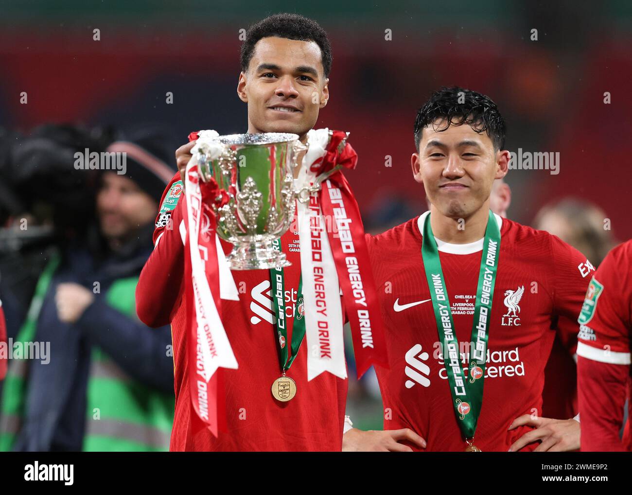 London, UK. 25th Feb, 2024. Cody Gakpo of Liverpool celebrates with the ...