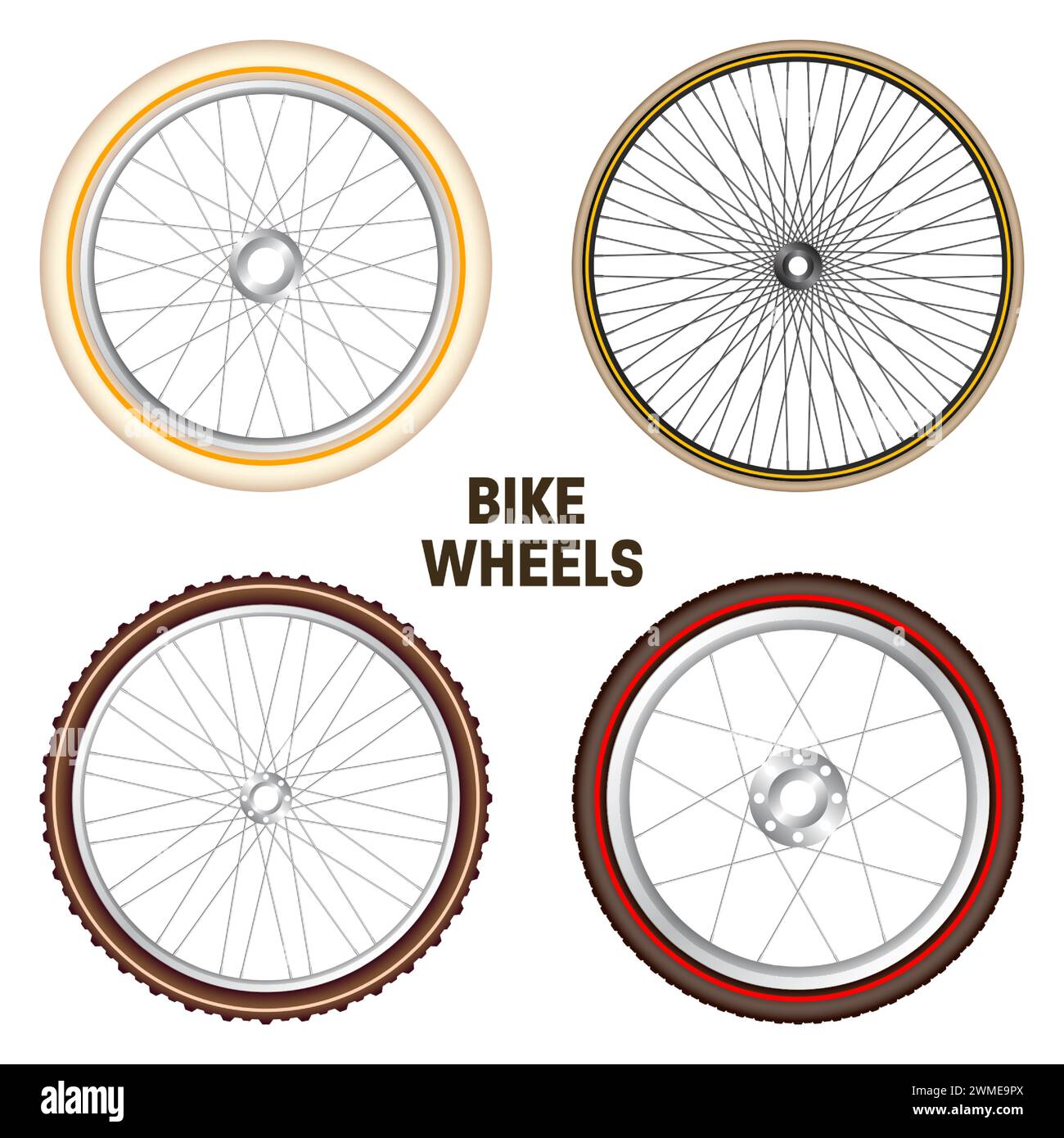 Realistic 3d retro bicycle wheels. Vintage bike rubber tyres, shiny ...