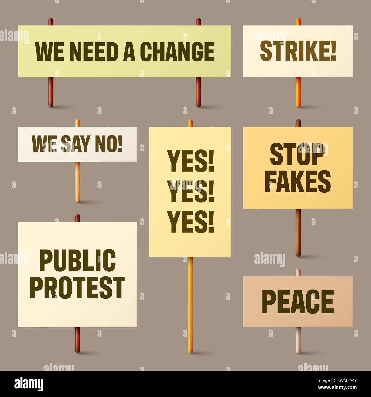 Colorful protest signs with slogan on wooden holder. Realistic vector ...