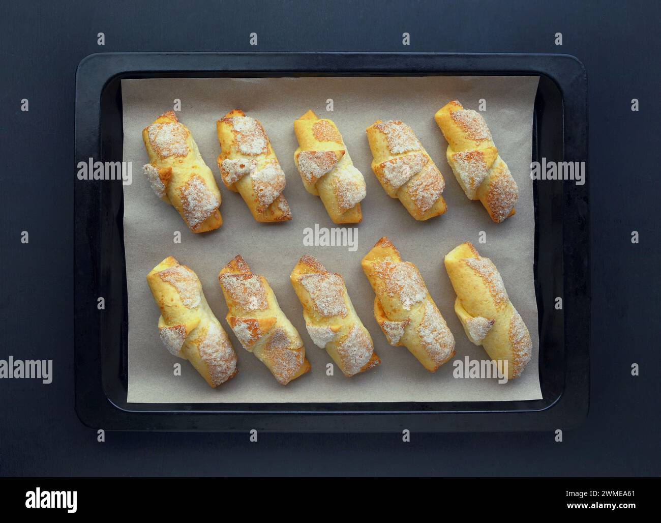 Fresh croissants on a tray. Top view. Organic food. Fresh bakery. Food ...