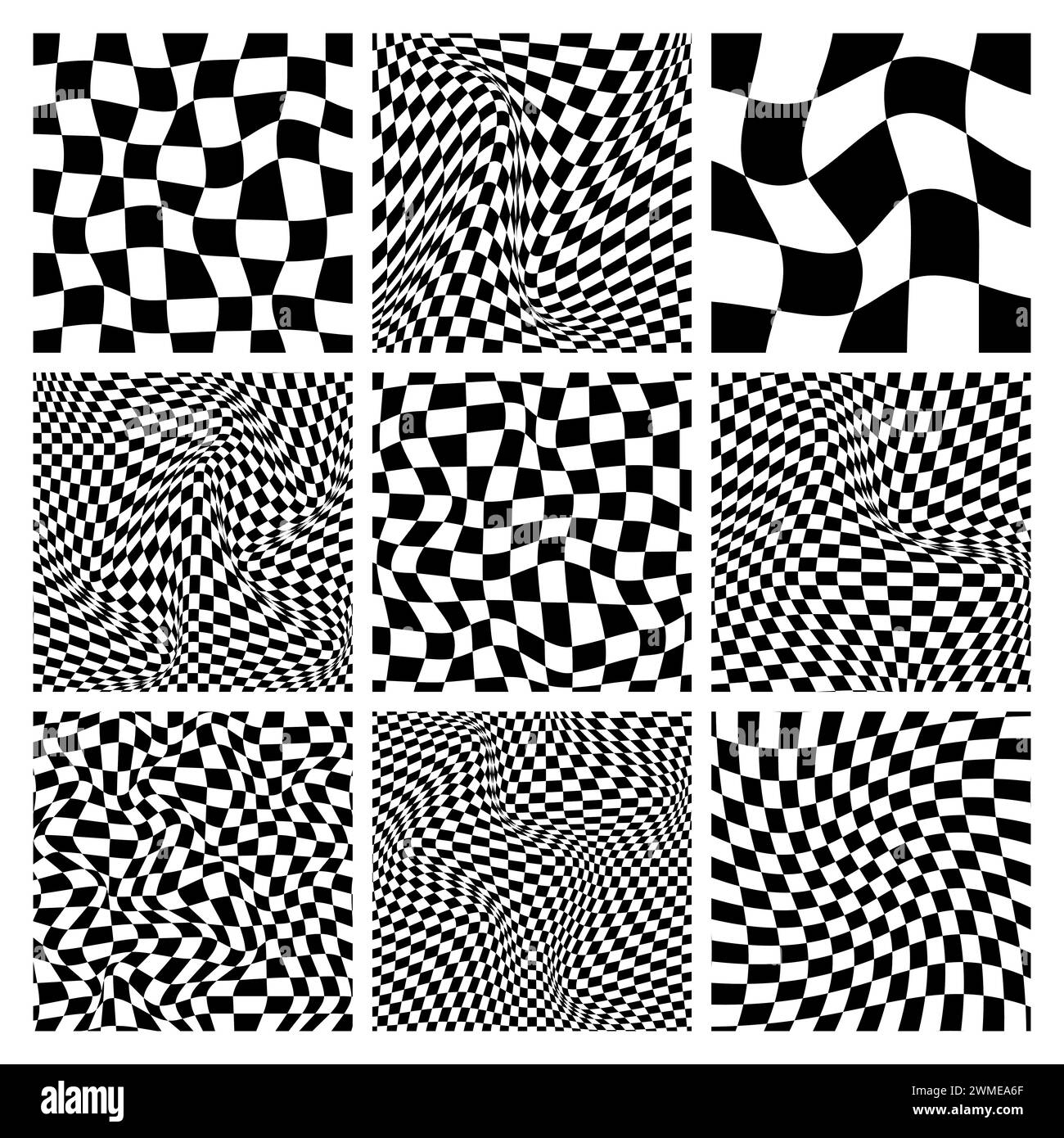 Trendy checkered pattern, black and white distorted tiled grid. Wavy curved backdrop, distortion ...