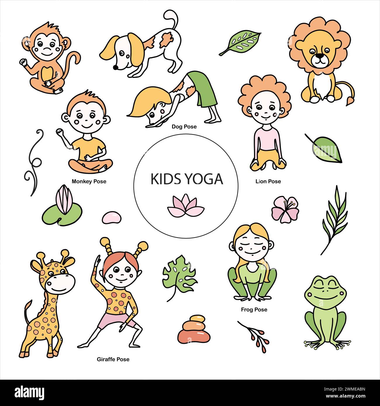 Set of kids yoga animal poses. Monkey, frog, lion, giraffe, dog asanas ...