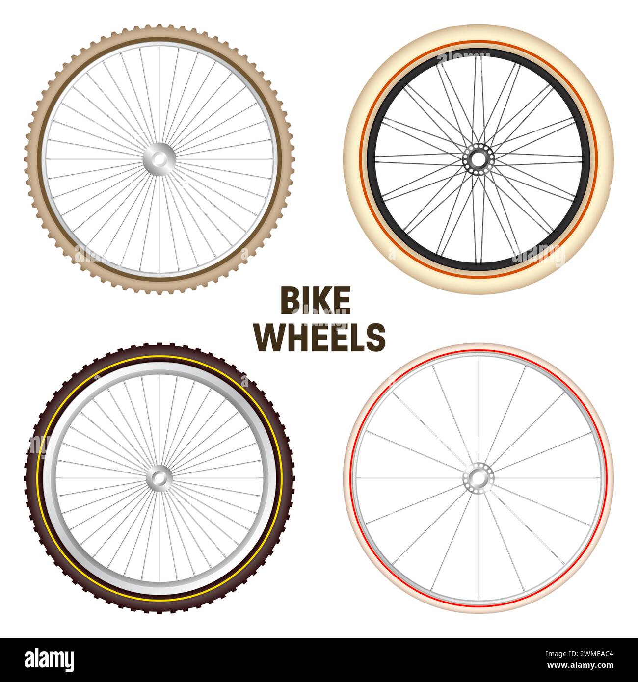 Realistic 3d retro bicycle wheels. Vintage bike rubber tyres, shiny ...