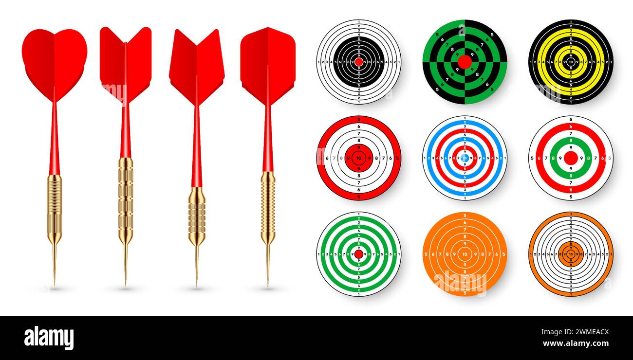 Paper targets with dart arrows and shadows. Shooting range round target ...