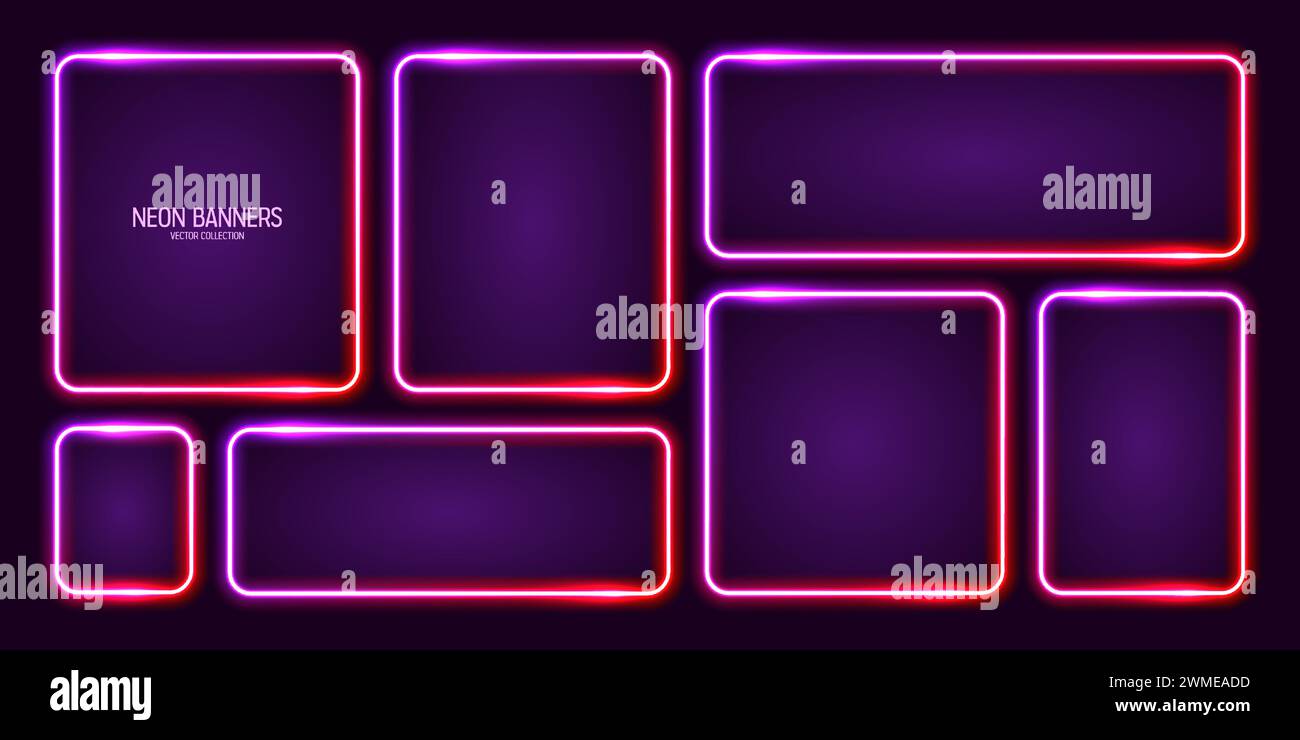 Glowing neon banners, illuminated colorful square frames. Shiny vibrant ...