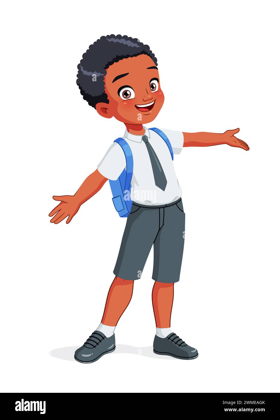 African American school boy greeting with wide open arms. Cartoon ...