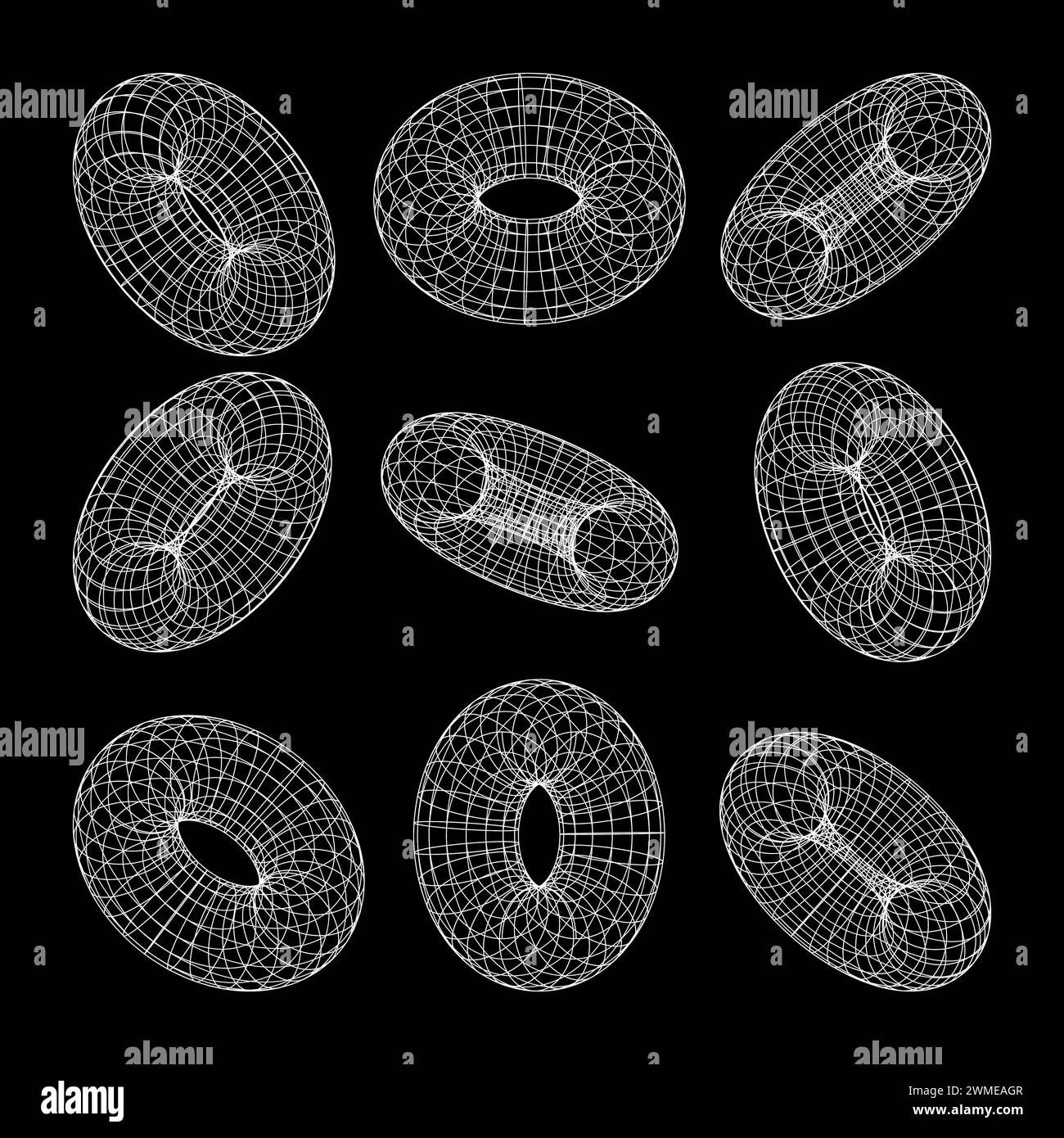 Wireframe shapes, lined torus. Perspective mesh, 3d grid. Low poly geometric elements. Retro ...