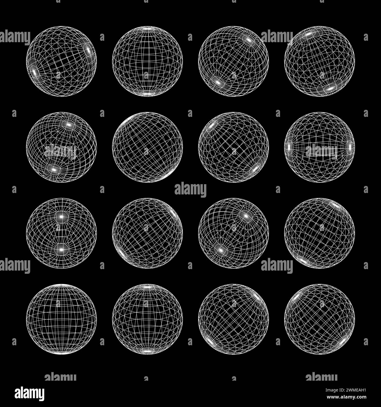 Wireframe shapes, lined sphere. Perspective mesh, 3d grid. Low poly ...