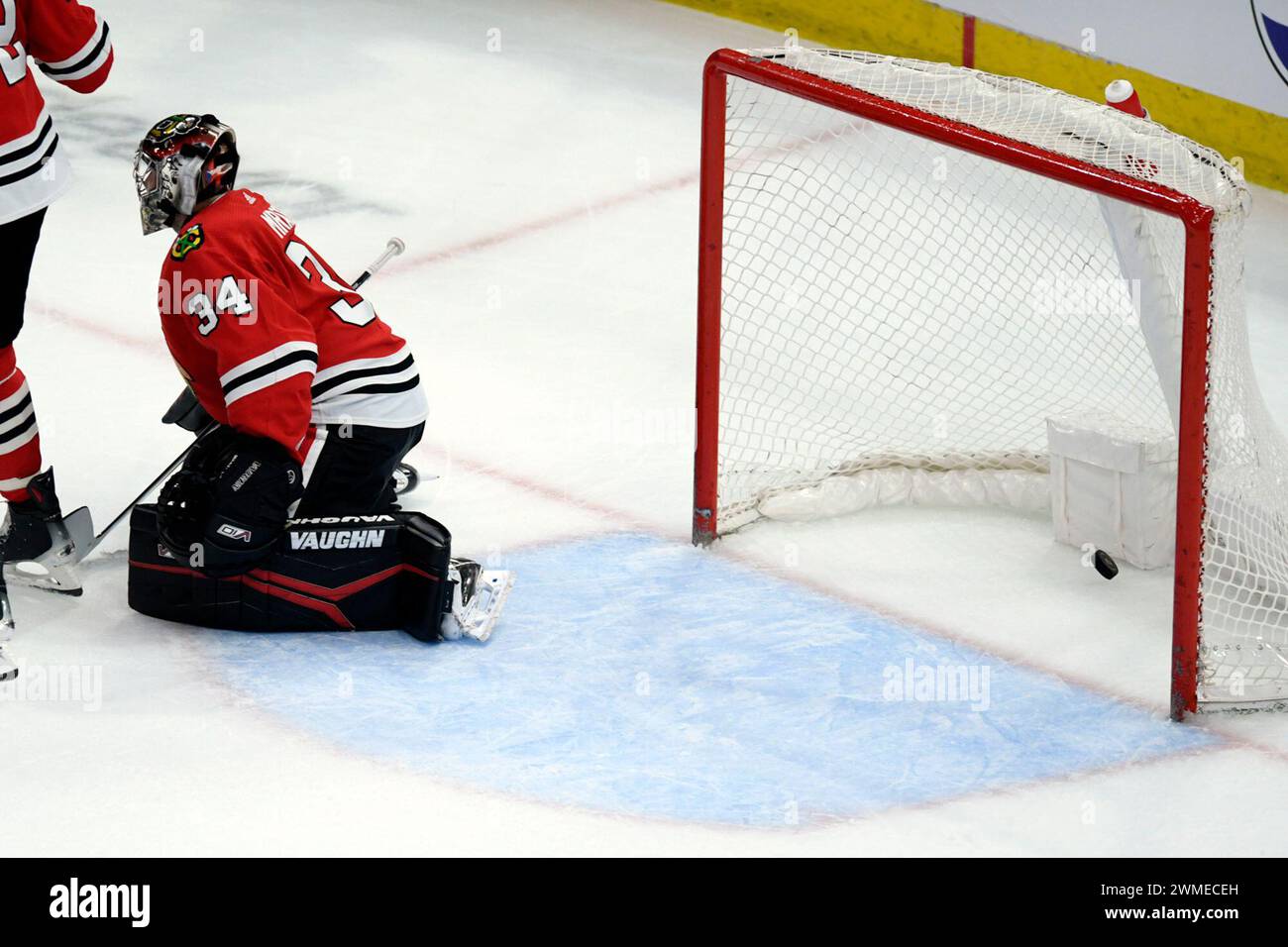Chicago Blackhawks goalie Petr Mrazek (34) misses a goal scored by ...