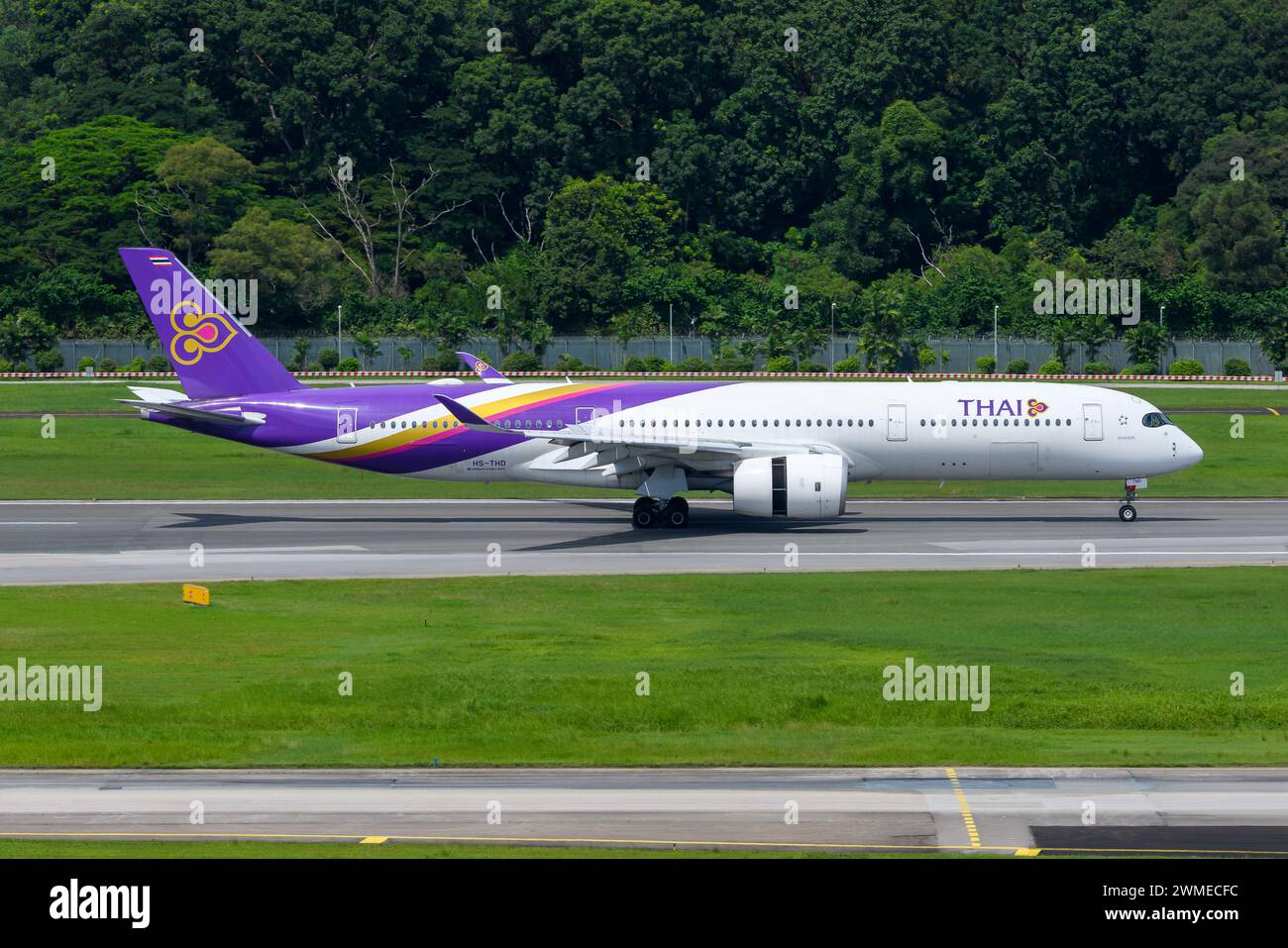Thai Airways Airbus A350 aircraft landing. Airplane A350-900 of Thai Airways Airlines. Plane ...