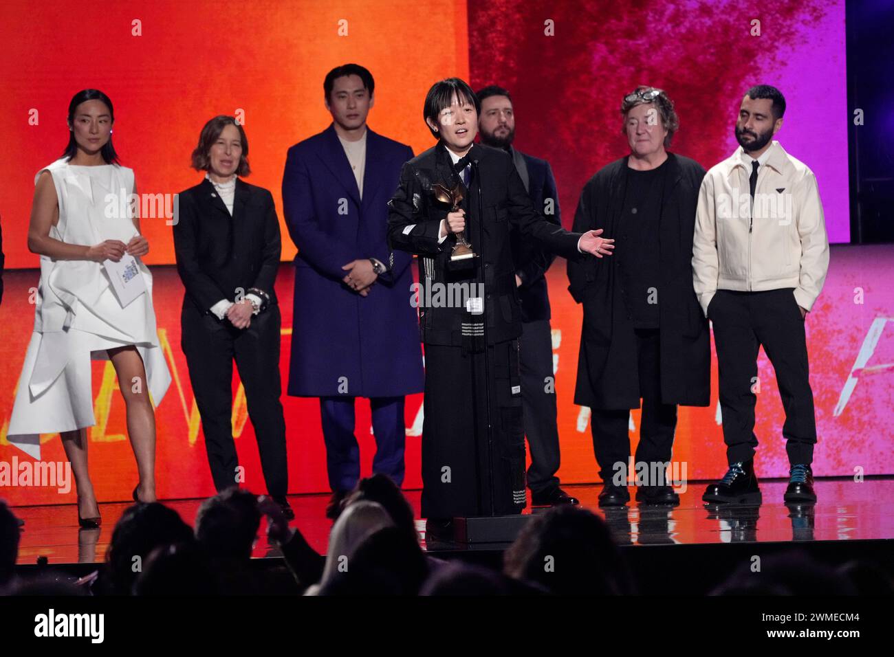 Greta Lee, from left, Pamela Koffler, Teo Yoo, Celine Song, center ...