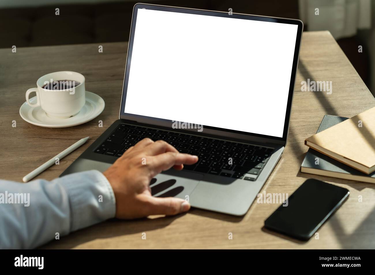 young man working Businessman using a desktop computer of the blank ...