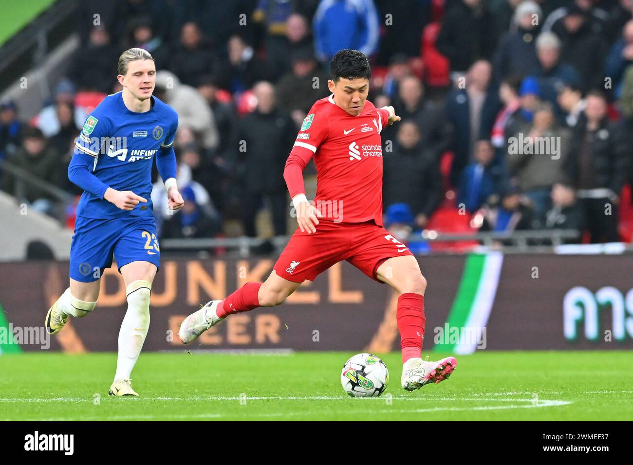 Wataru Endo, Liverpool player in action during the EFL Cup Final match ...