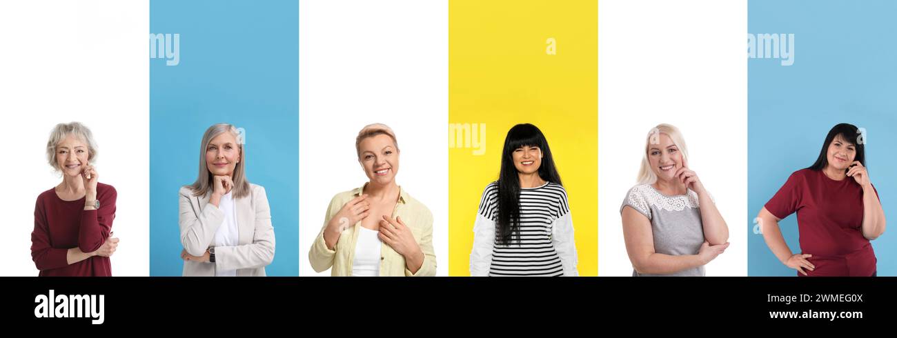 Beautiful ladies on different color backgrounds, collection of photos ...