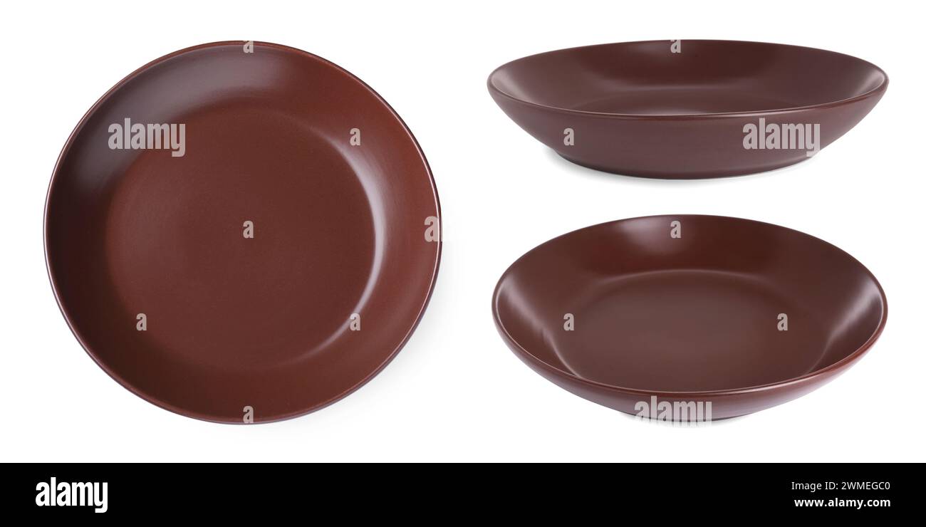 Brown ceramic plate isolated on white, set with different views Stock ...