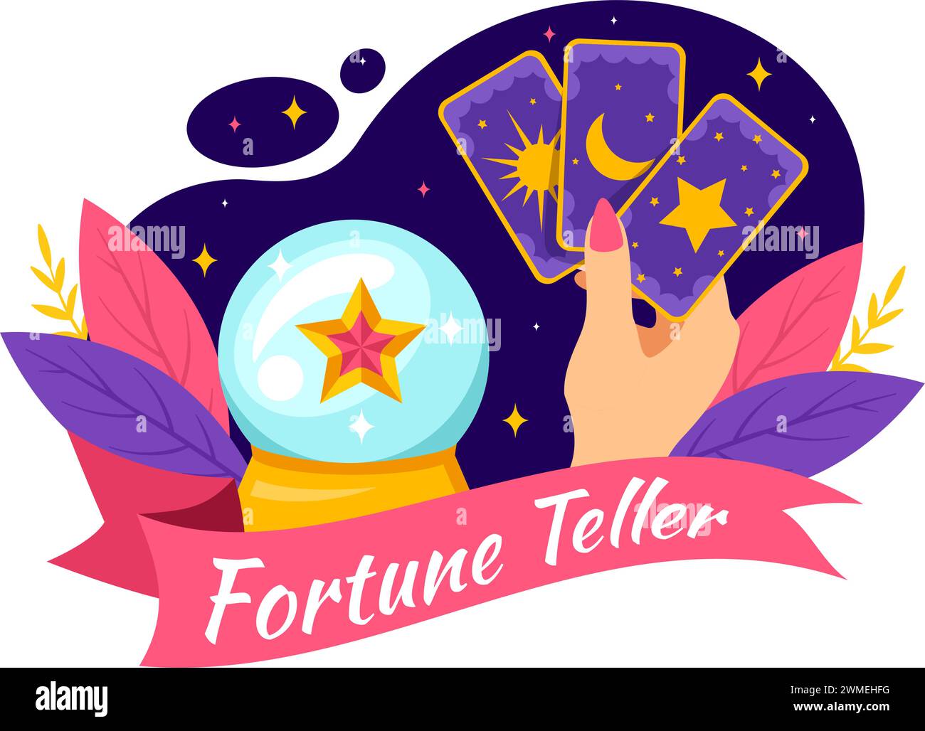 Fortune Teller Vector Illustration with Crystal Ball, Magic Book or ...