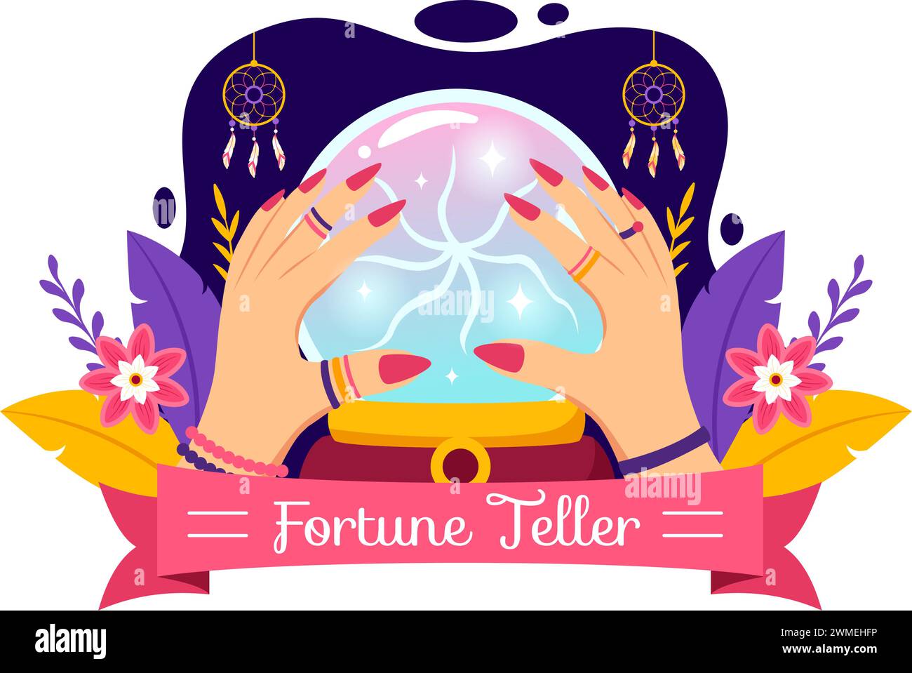 Fortune Teller Vector Illustration with Crystal Ball, Magic Book or ...