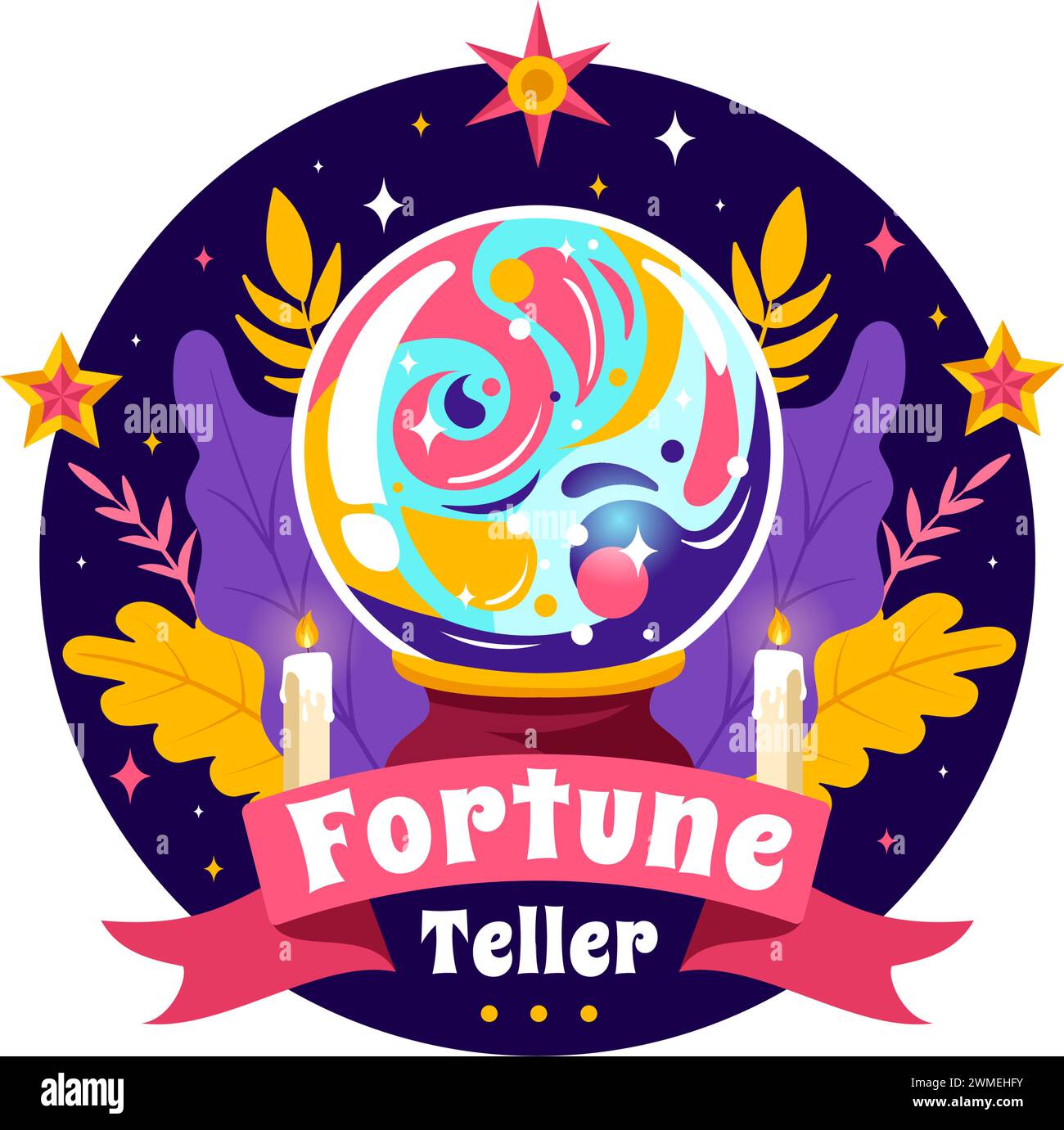 Fortune Teller Vector Illustration with Crystal Ball, Magic Book or ...