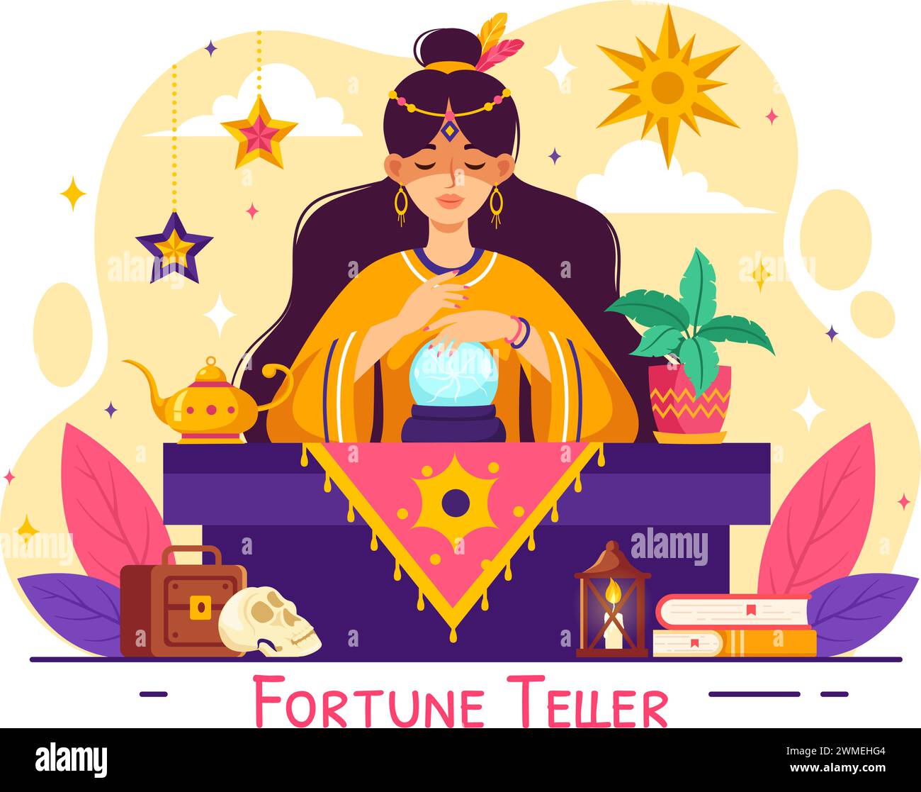 Fortune Teller Vector Illustration with Crystal Ball, Magic Book or ...