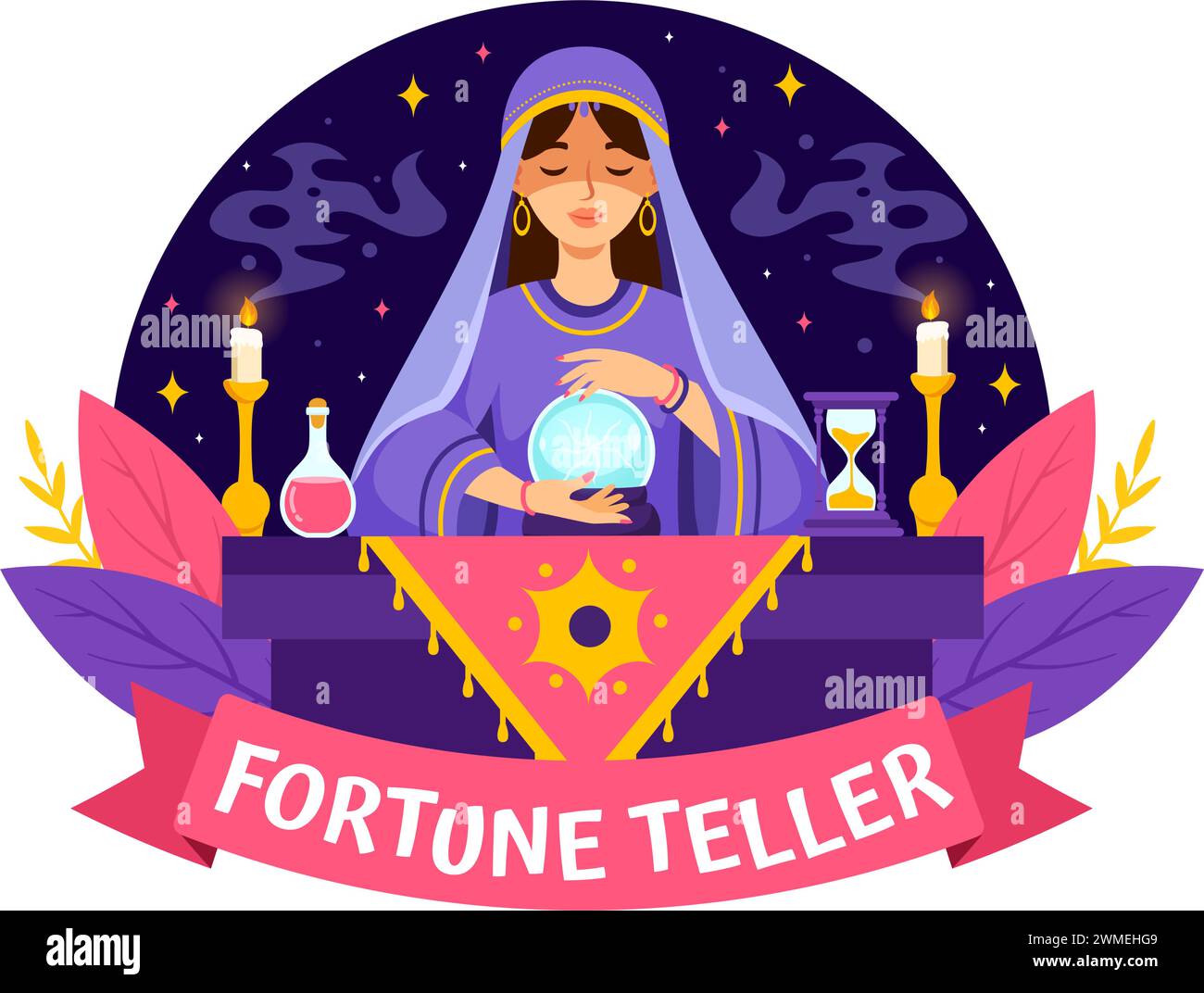 Fortune Teller Vector Illustration with Crystal Ball, Magic Book or ...