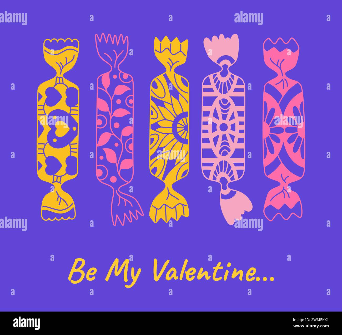 Valentines Day card with wrapped candy. Abstract postcard design ...