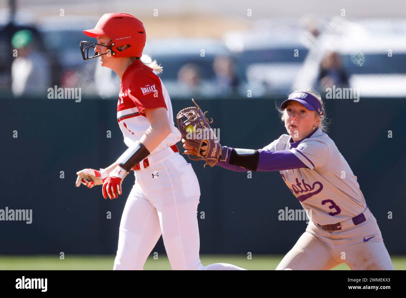 Bradley utility Kierston McCoy (4) is tagged out by Western Carolina ...