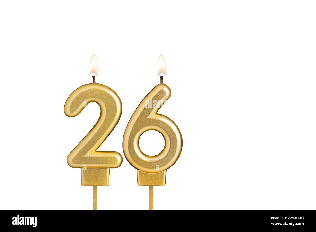 Golden number 26 birthday candle on white background Stock Photo - Alamy