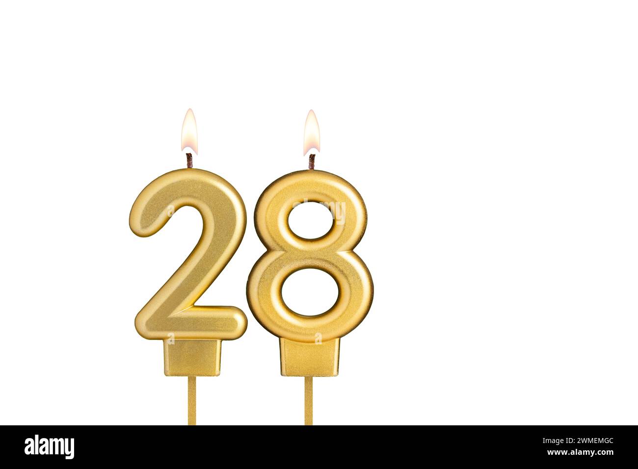 Golden number 28 birthday candle on white background Stock Photo - Alamy