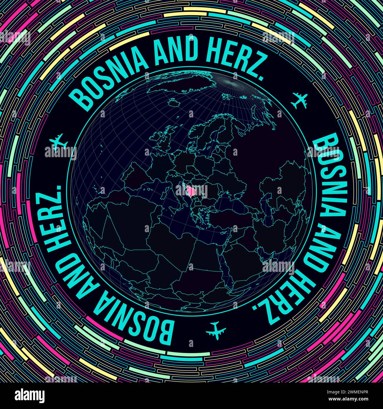 Bosnia on globe. Satellite view of the world centered to Bosnia. Bright ...