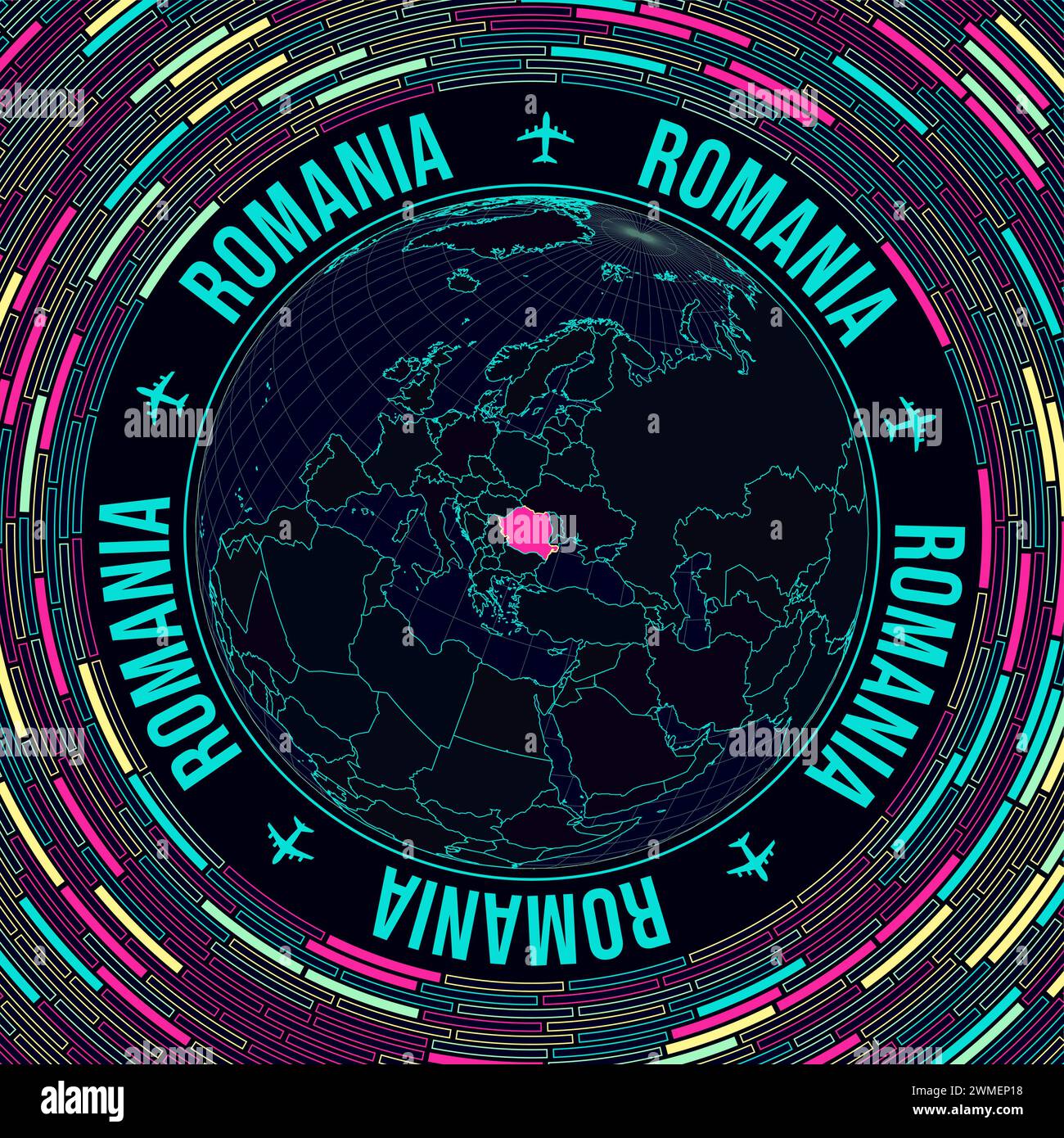Romania on globe. Satellite view of the world centered to Romania ...