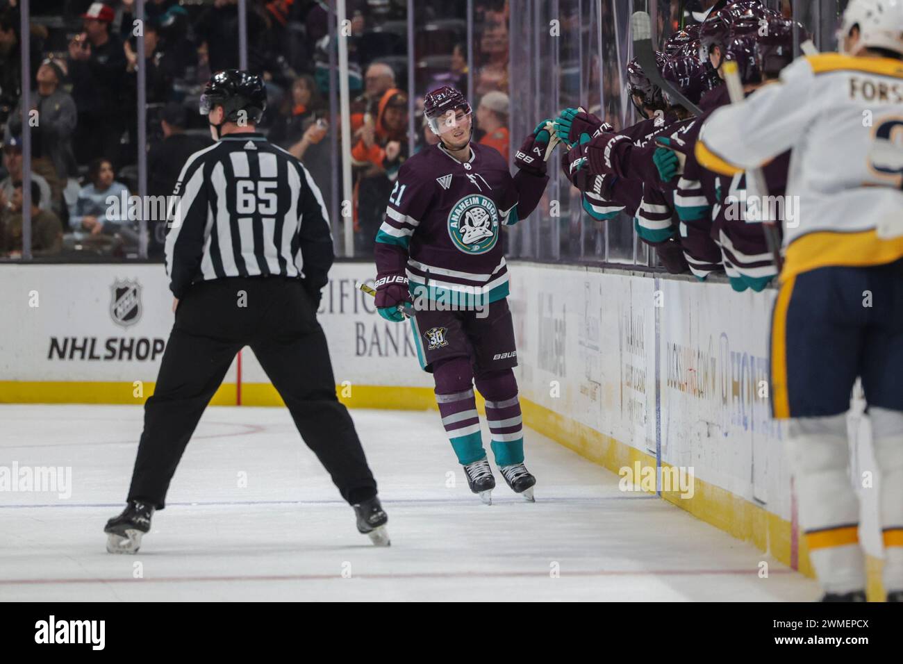 Anaheim Ducks center Isac Lundestrom (21) celebrates after scoring a ...