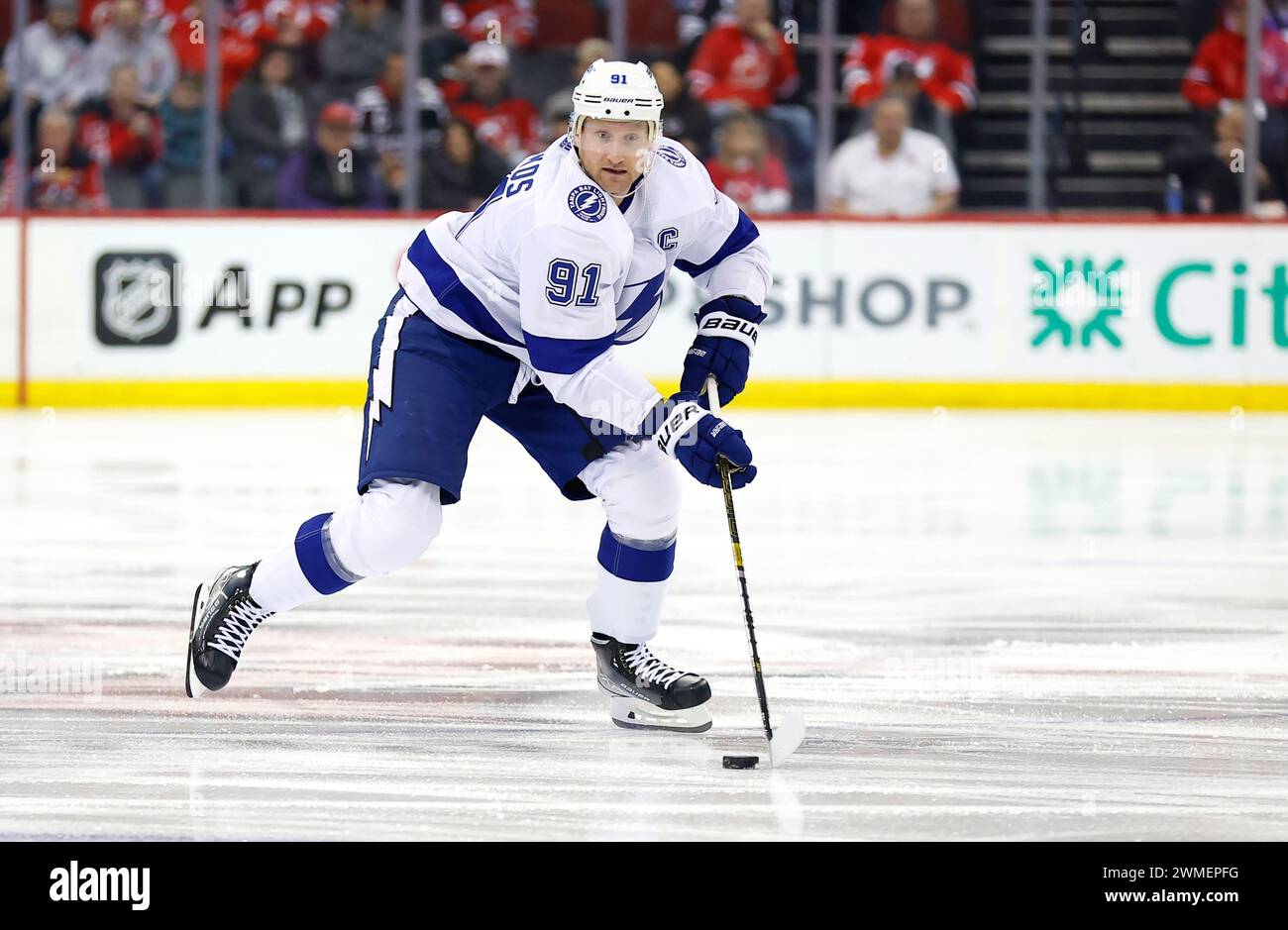 Tampa Bay Lightning center Steven Stamkos (91) skates with the puck ...