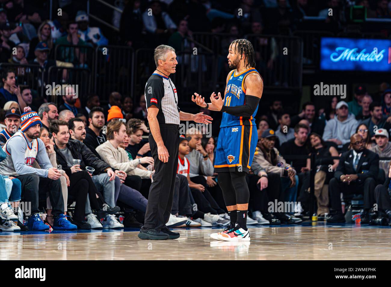 New York Knicks guard Jalen Brunson (11) speaks with referee Scott ...