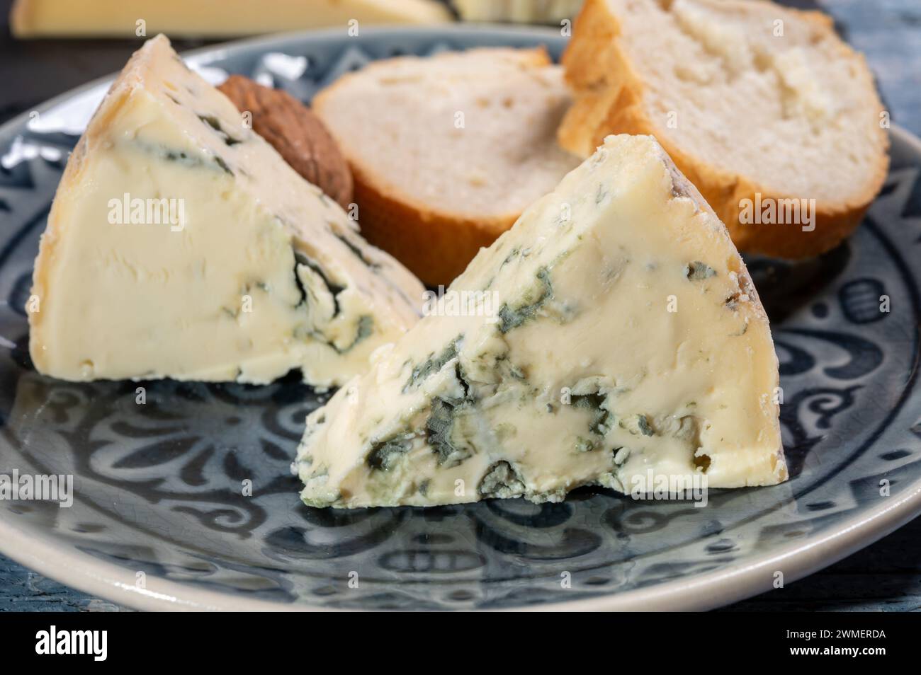 Cheese collection, piece of French blue cheese auvergne or fourme d ...