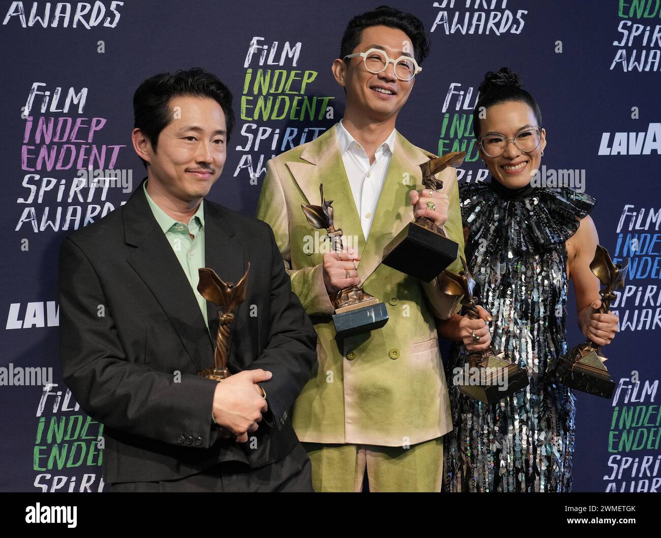 Los Angeles, USA. 25th Feb, 2024. (L-R) Steven Yeun, Lee Sung Jin and Ali Wong, winners of the ...