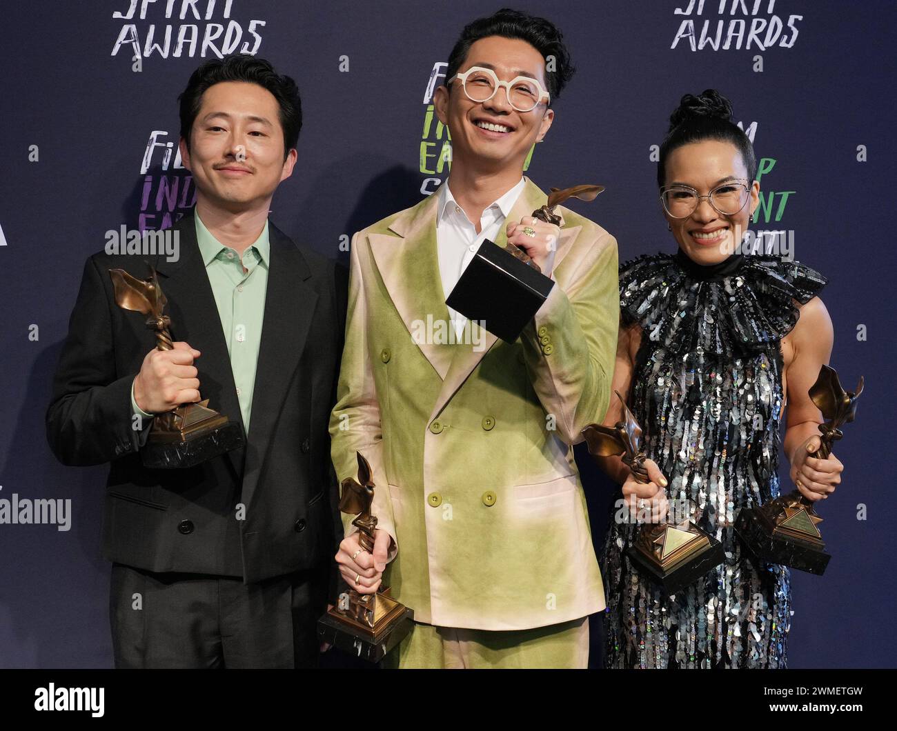 Los Angeles, USA. 25th Feb, 2024. (L-R) Steven Yeun, Lee Sung Jin and Ali Wong, winners of the ...