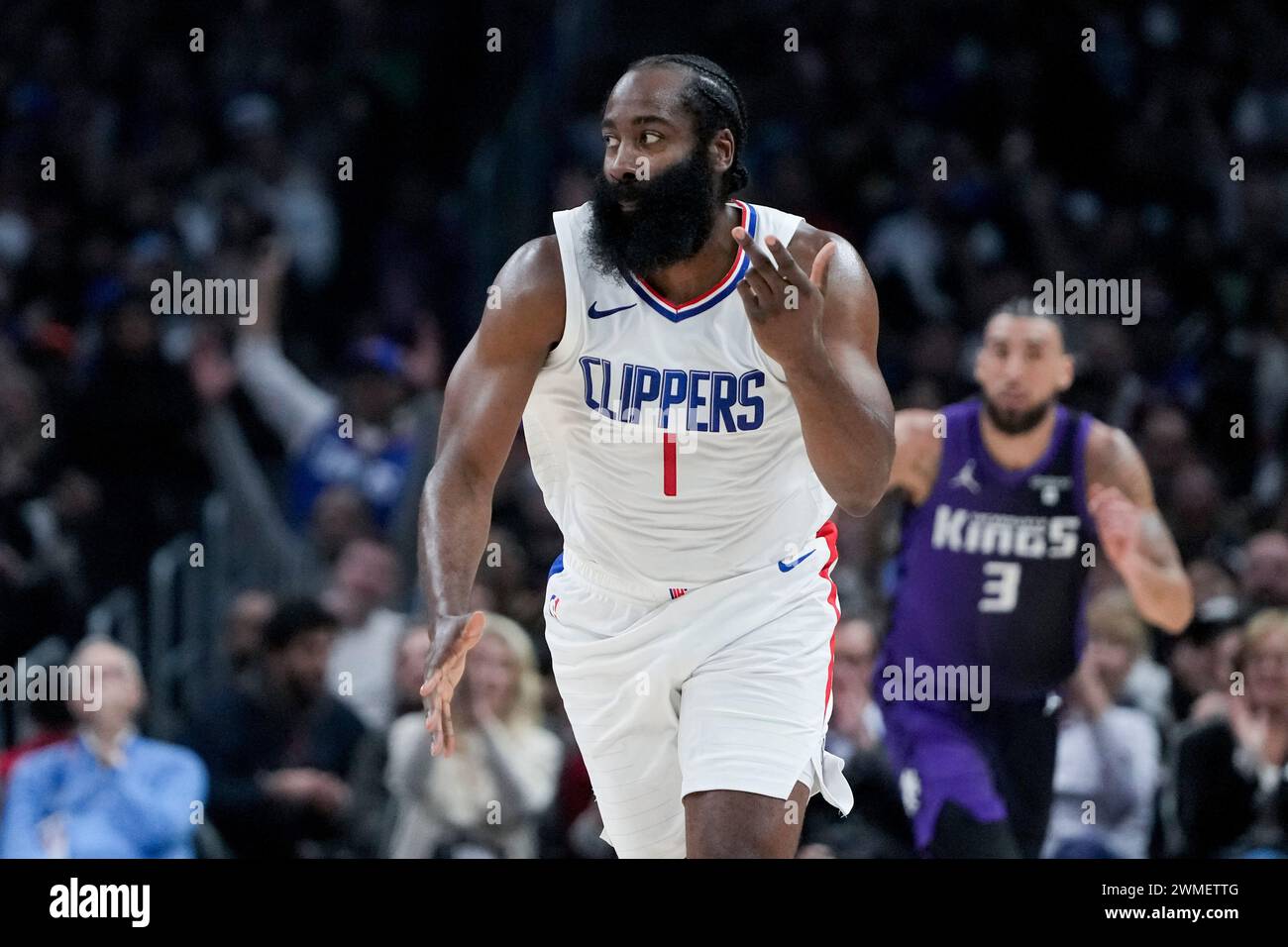 Los Angeles Clippers guard James Harden gestures after scoring a 3 ...
