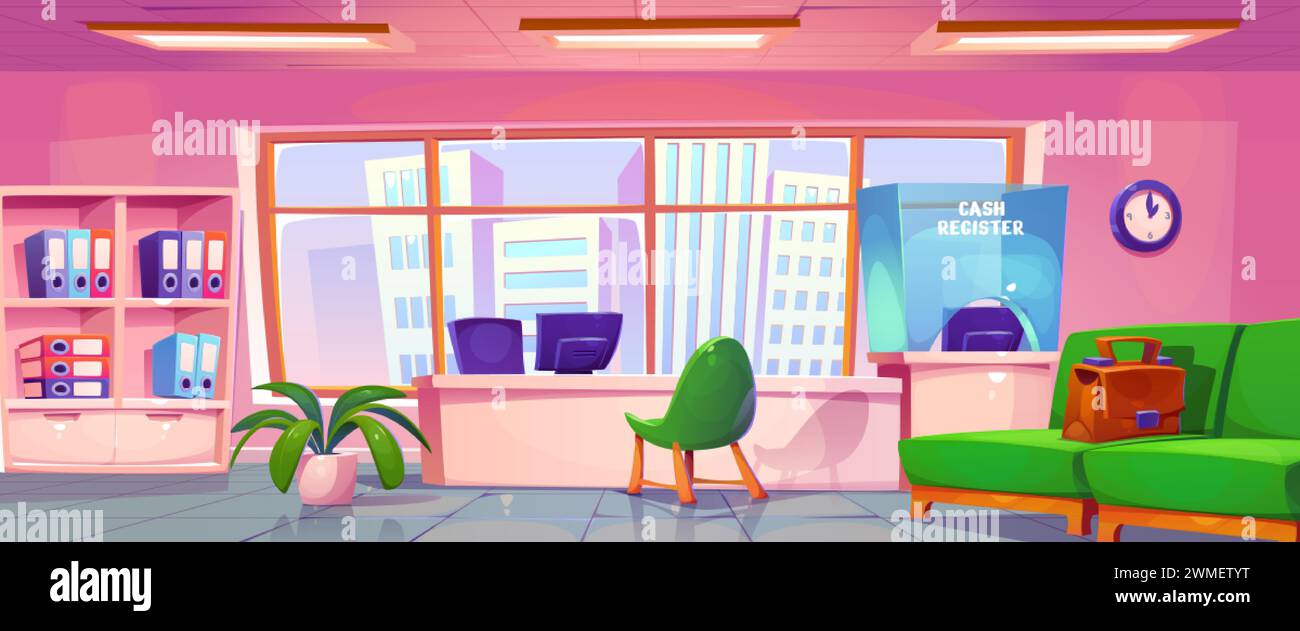 Bank office interior with large window. Vector cartoon illustration of ...