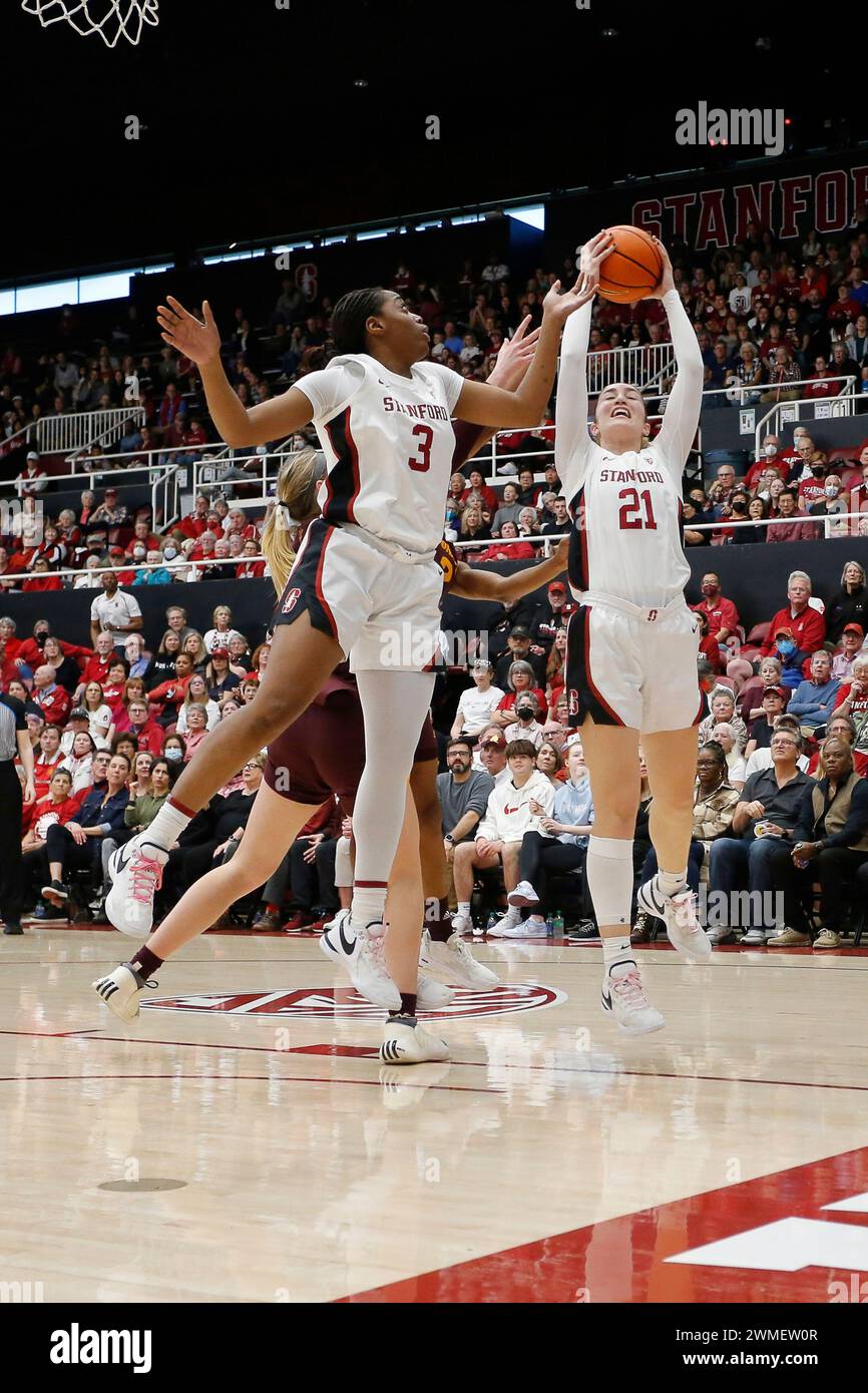 STANFORD, CA - FEBRUARY 25: Stanford Cardinal F Brooke Demetre (21) gets the rebound in front of ...