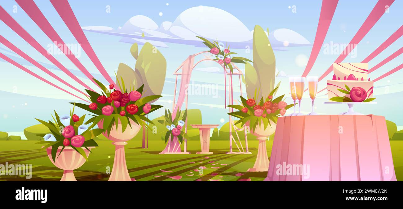 Wedding ceremony scene in summer garden. Vector cartoon illustration of ...
