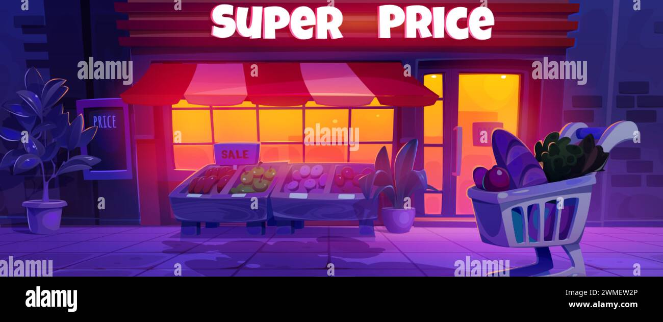 Supermarket building facade at night. Vector cartoon illustration of ...