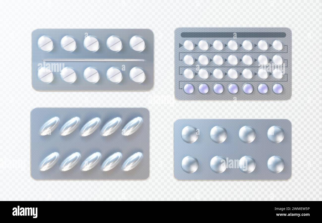 3D set of pill blister mockups isolated on transparent background ...