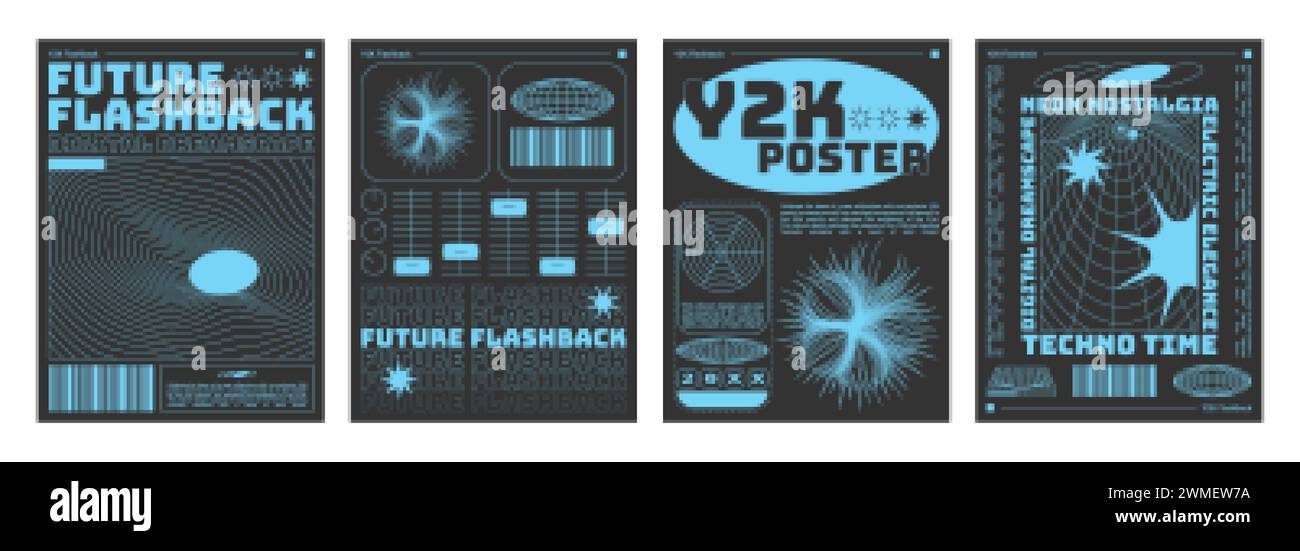 Y2k style poster design template set with grid acid abstract pattern ...
