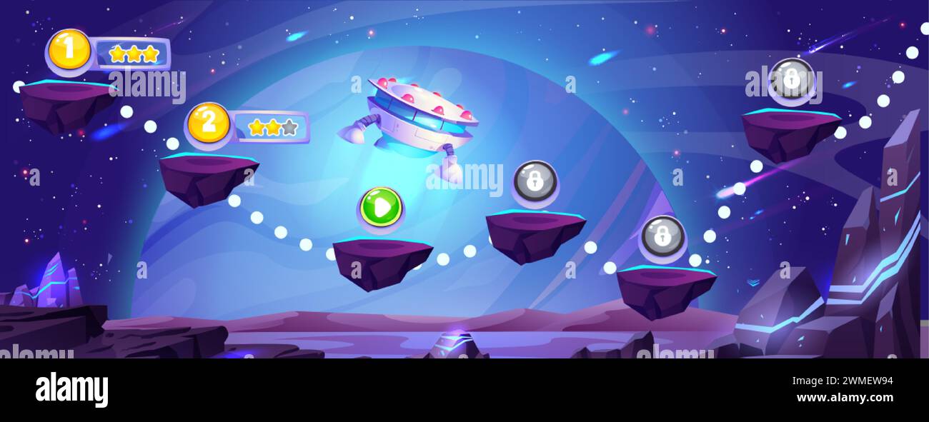 Space travel game map with floating platforms. Vector cartoon ...