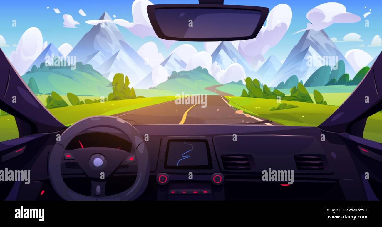 View from car through windshield on road going across meadow with green ...