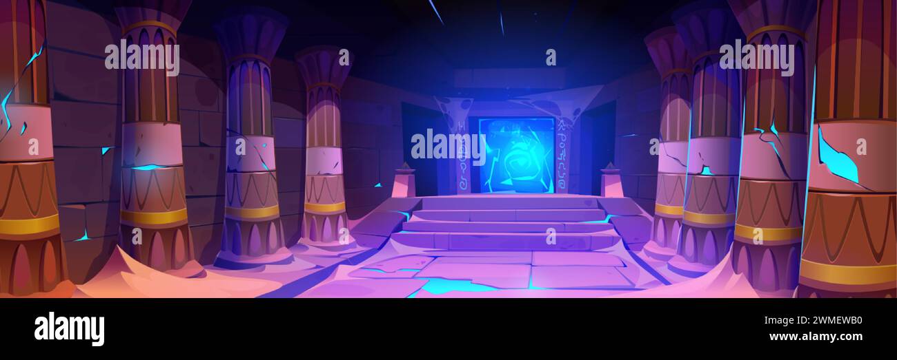 Egyptian corridor with columns, stairs and neon glowing magic portal ...