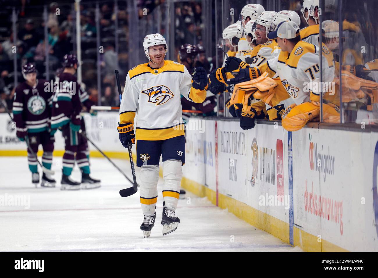 Nashville Predators center Gustav Nyquist (14) celebrates with his team ...